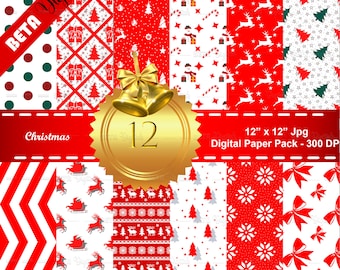Merry Christmas Digital Paper Pattern, Snowflake, Reindeer, Christmas ...