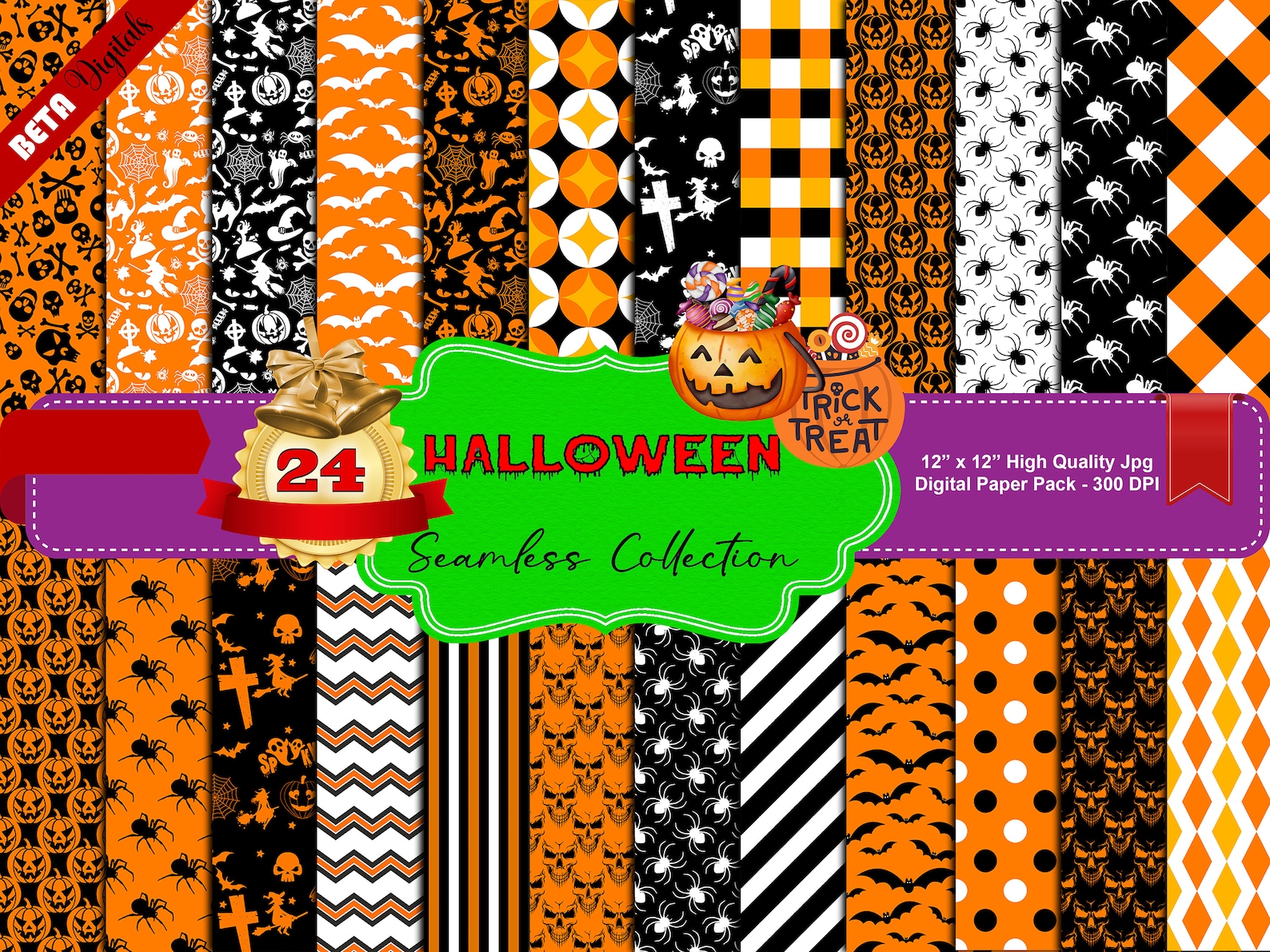 Halloween Digital Paper, Skull Spiders Digital Papers, Seamless Repeat ...