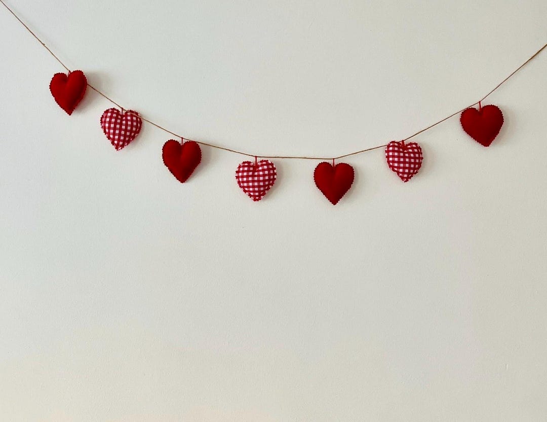 Red Heart Stuffed Garland, Velvet Heart Garland, Valentines Day Garland ...