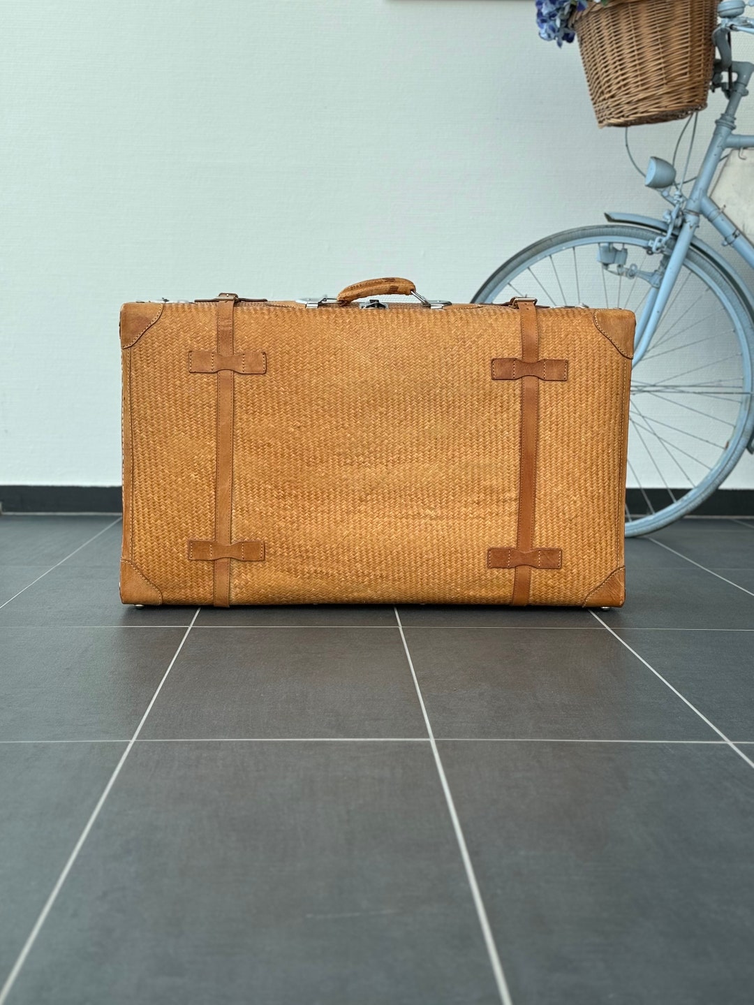 Vintage Huge Suitcase / Raffia and Leather / 1950-60s / Retro Suitcase ...