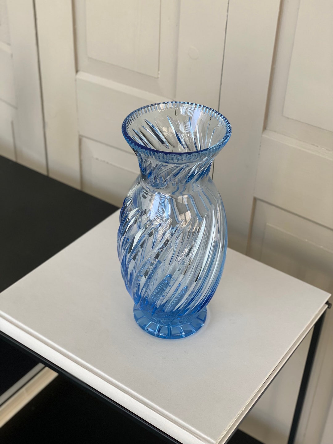 1300 Grams / Art Deco Vase Light Blue / Hand-cut Very Old Glass Vase ...