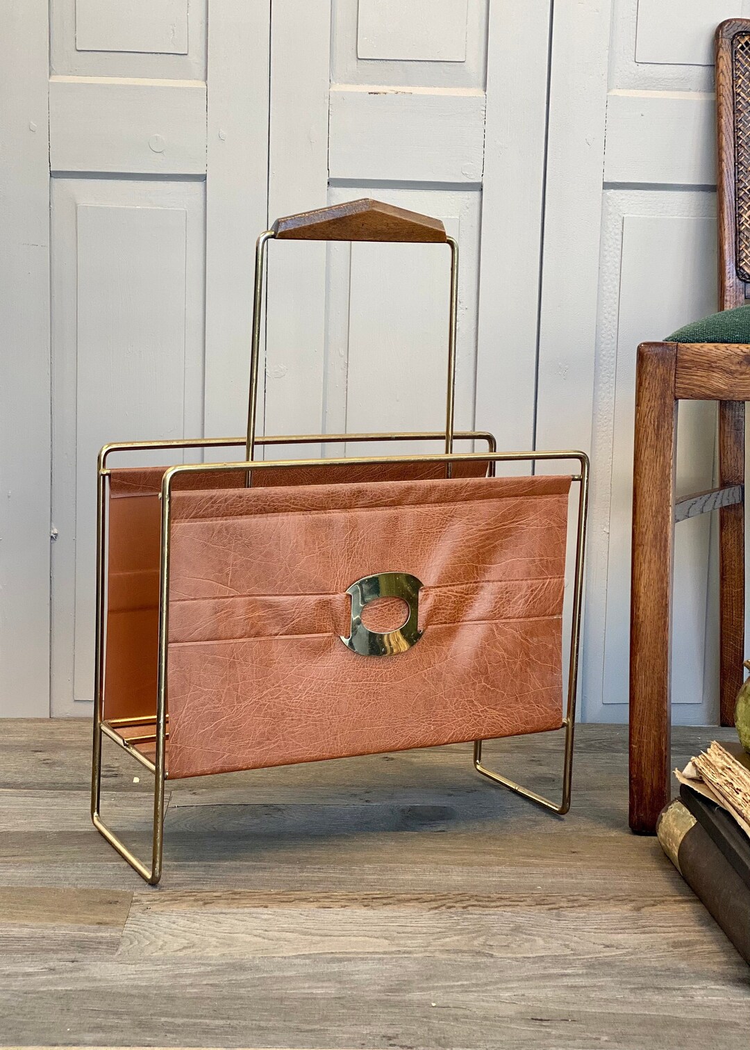 Midcentury Faux Leather Cognac Brass Combination / Newspaper Rack ...