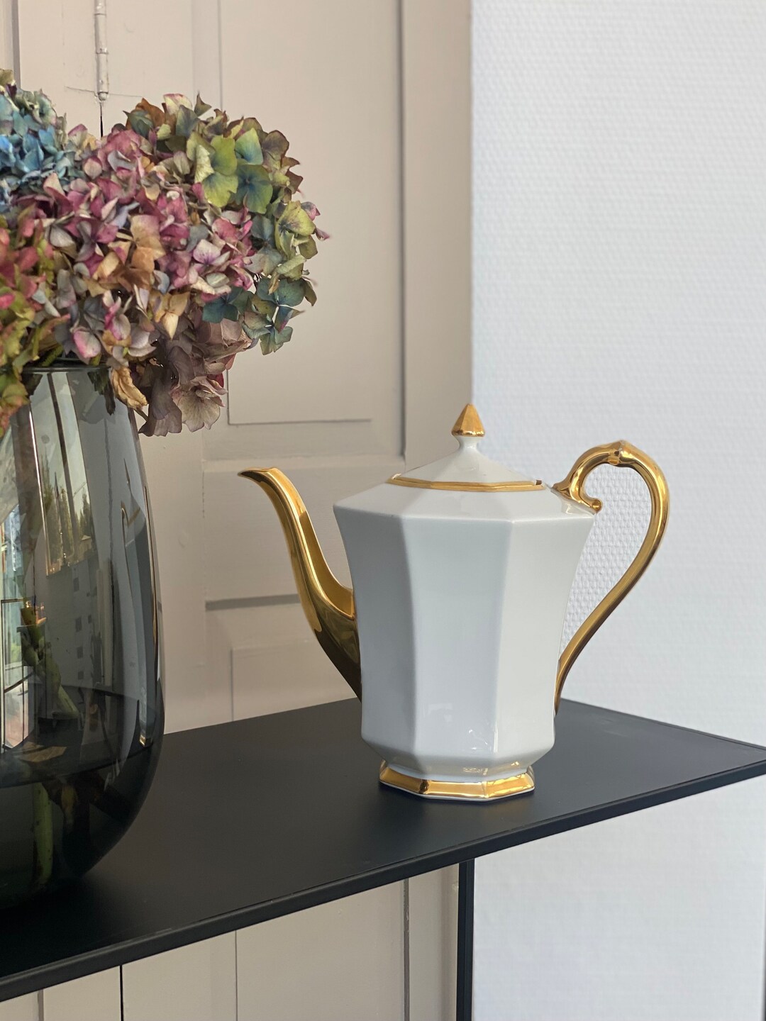 Vintage Teapot / Cottage Core / White Teapot With Golden Accents ...