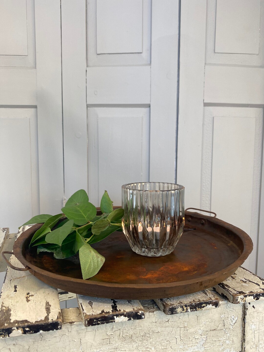 SET Made of Vintage Tin Bowl / With Glass Tealight / Tin Bowl With ...
