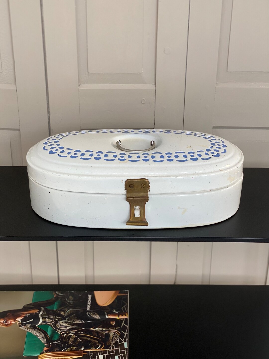Rarity 1940s Enamel Bread Box Oval / Bread Box / Blue Decoration on the ...