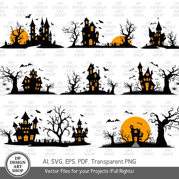 Haunted House Silhouette Clip Art - Etsy