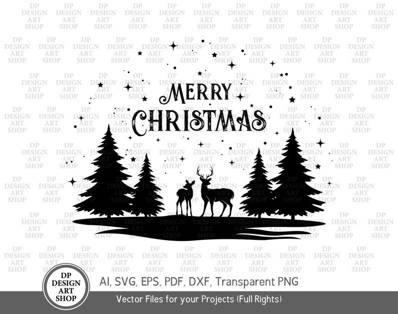 Christmas Deer Winter Scene Silhouette Clipart Svg Ai Eps Pdf | Etsy
