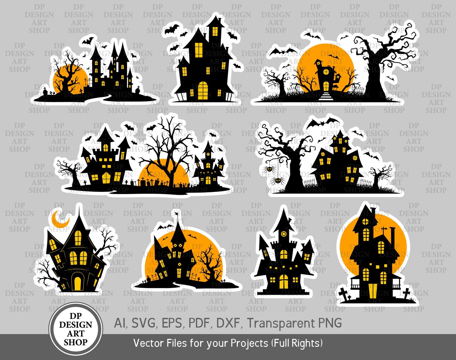 Halloween Haunted House Silhouette Clipart Stickers Cutting File Ai Eps ...