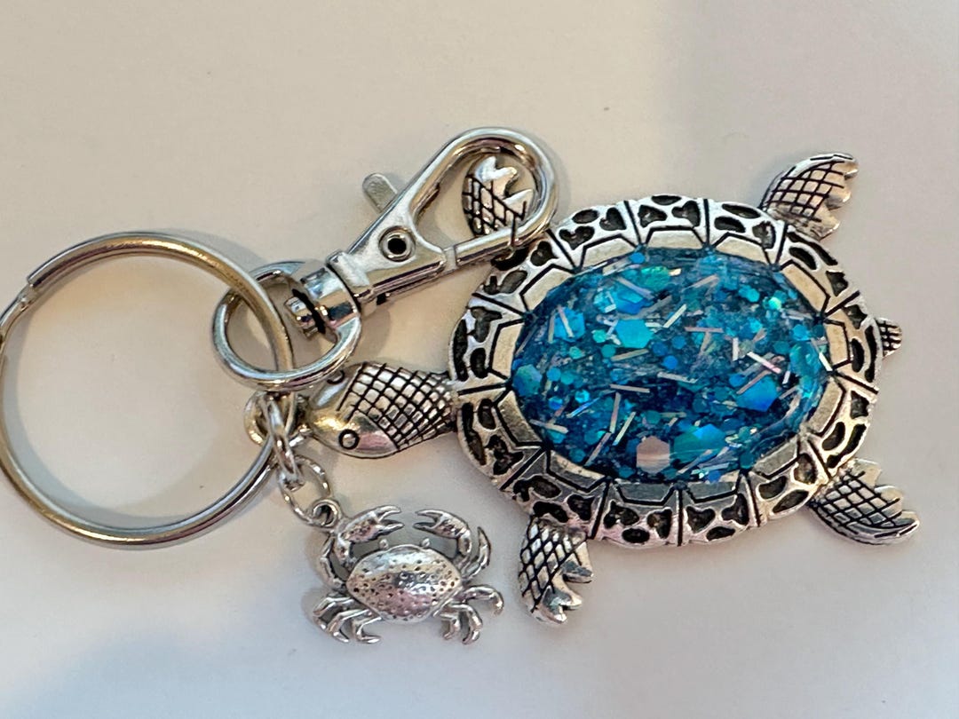 Nickel Colored Metal Sea Turtle Key Chain With Sparkling Blue Glitter ...