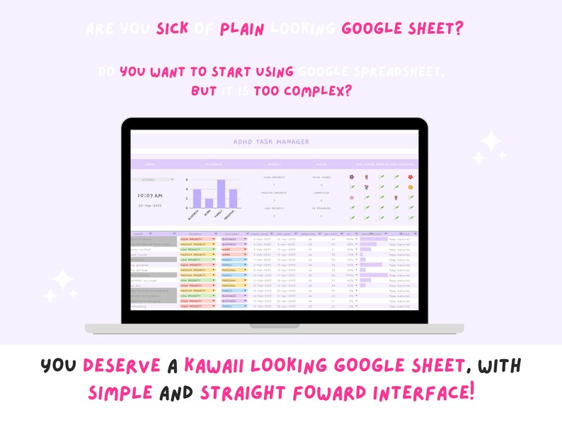 ADHD Kawaii Task Manager, Cute Google Sheets Planner, Get Things Done ...