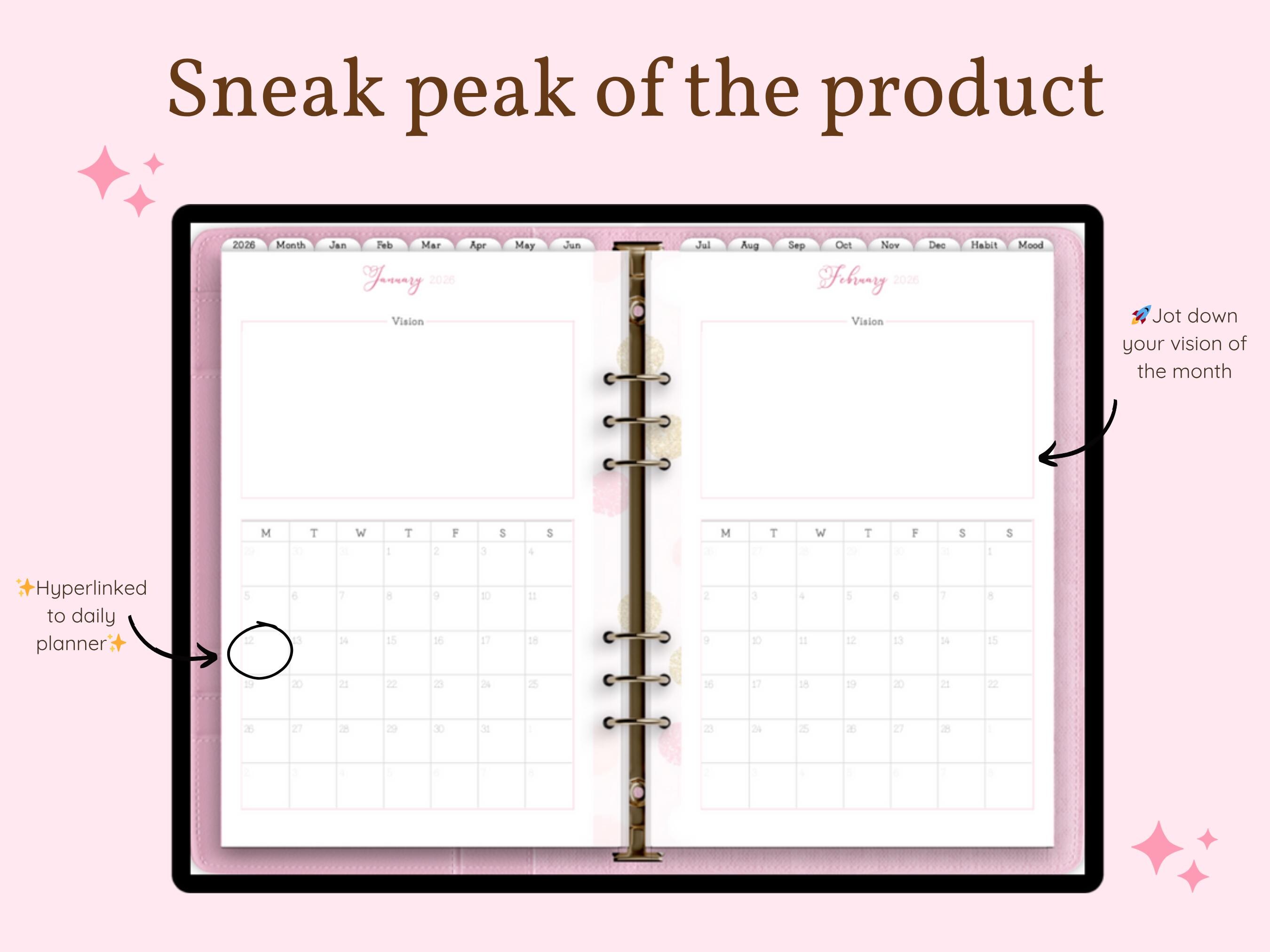Pink Girly 2026 Digital Planner, Soft Cute Daily Hyperlinked Journal ...