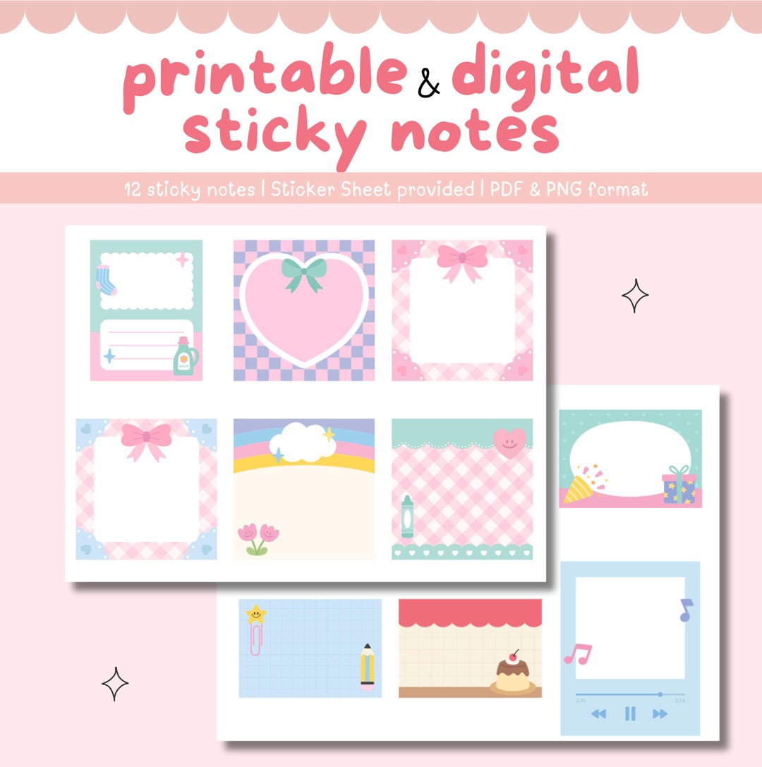 Kawaii Sticky Notes Bundle 12 Cute Pastel Doodle Designs Digital PNG ...