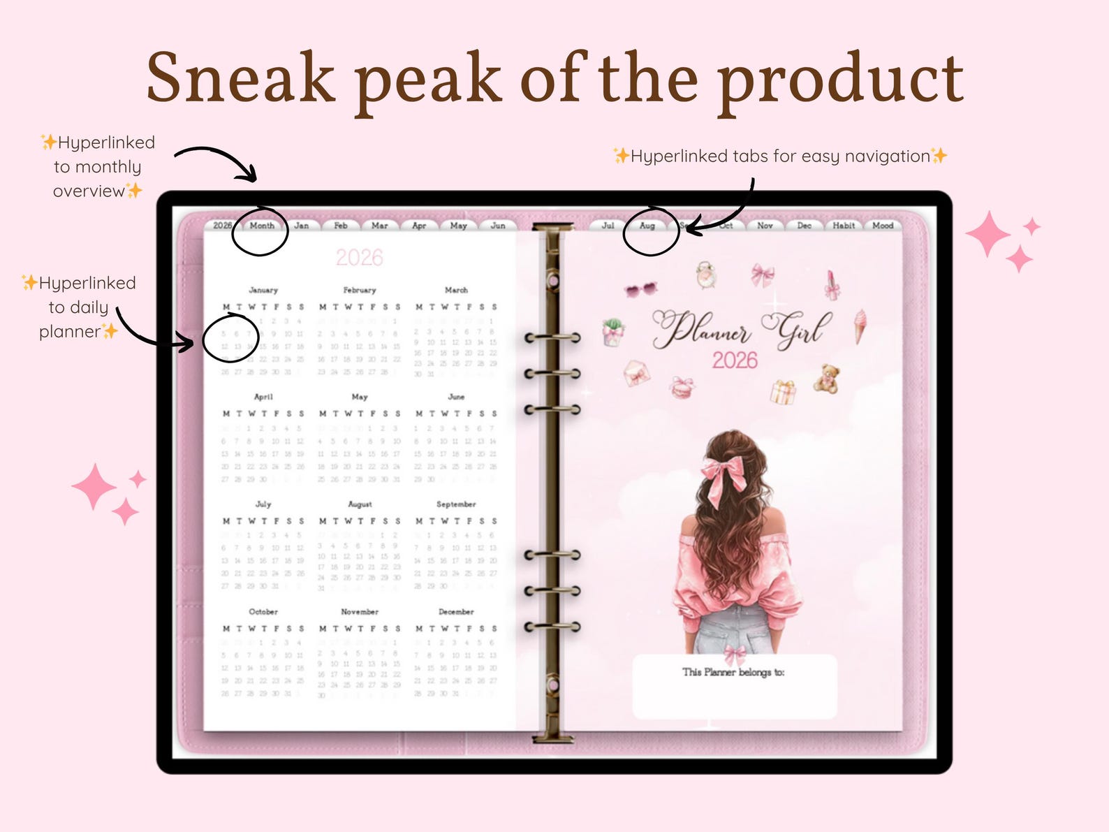 Pink Girly 2026 Digital Planner, Soft Cute Daily Hyperlinked Journal ...