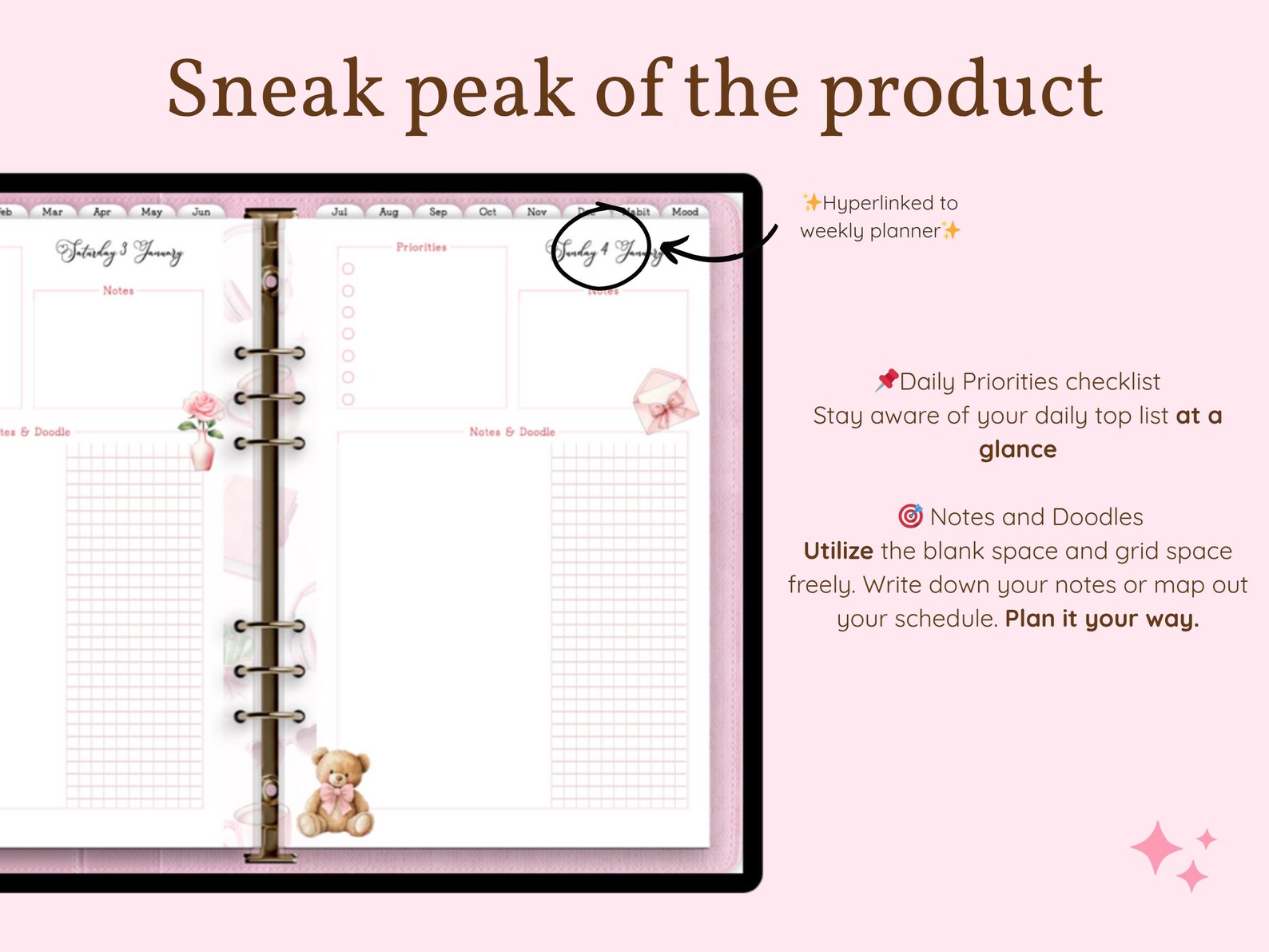 Pink Girly 2026 Digital Planner, Soft Cute Daily Hyperlinked Journal ...