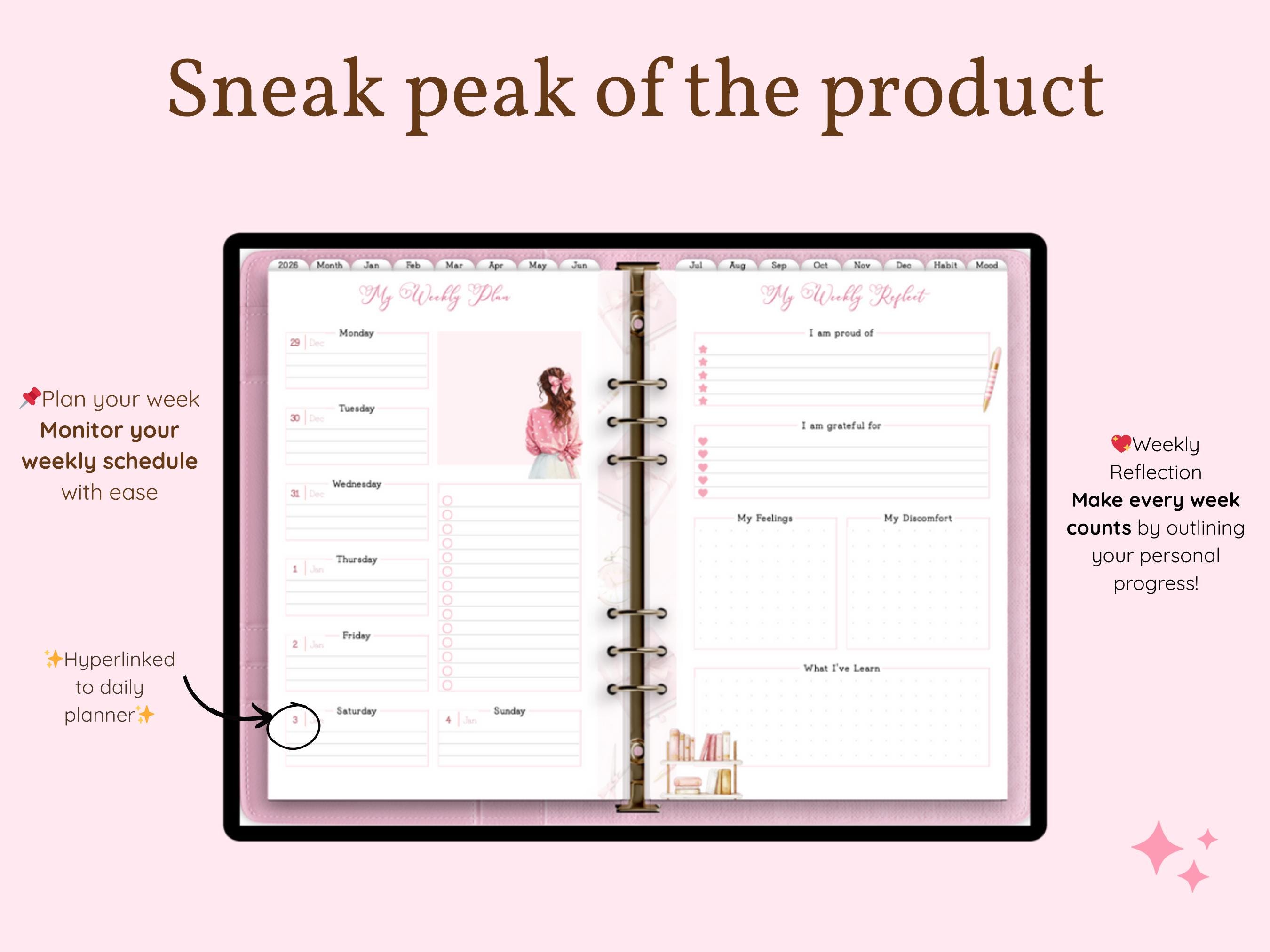Pink Girly 2026 Digital Planner, Soft Cute Daily Hyperlinked Journal ...