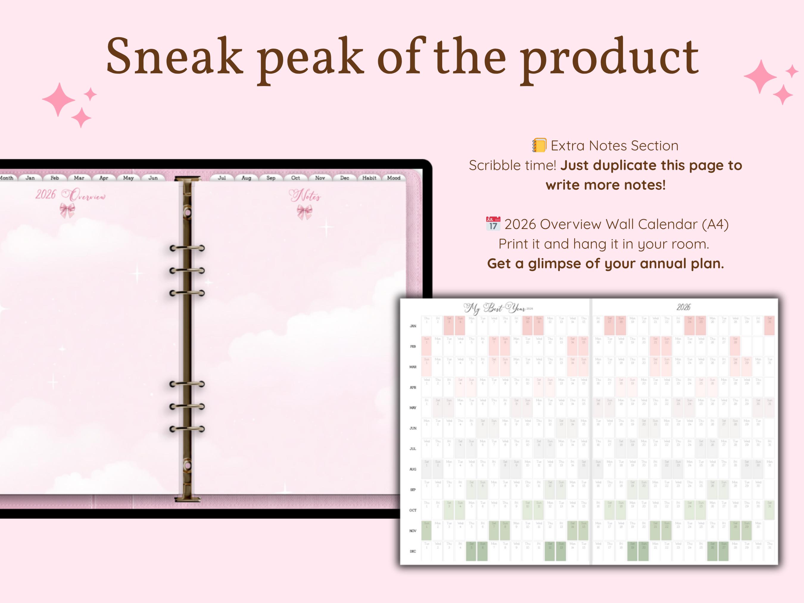 Pink Girly 2026 Digital Planner, Soft Cute Daily Hyperlinked Journal ...