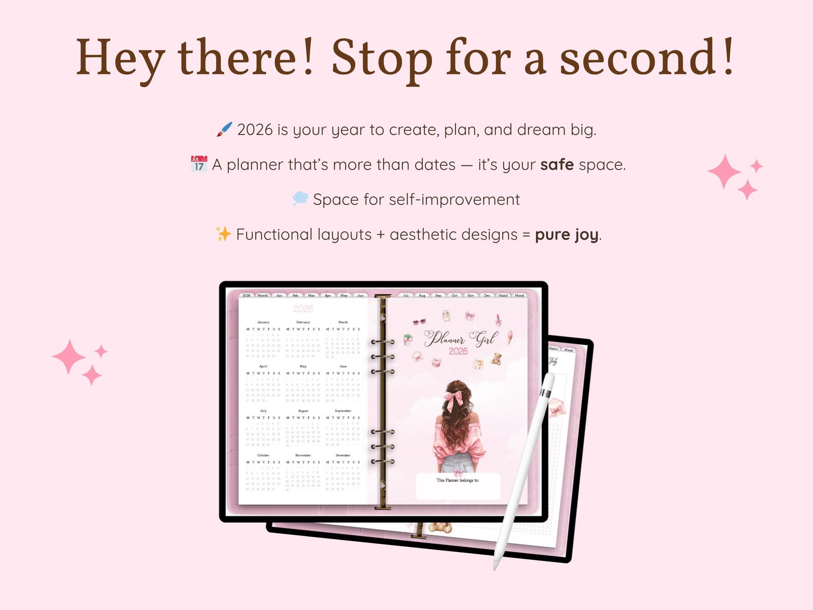 Pink Girly 2026 Digital Planner, Soft Cute Daily Hyperlinked Journal ...