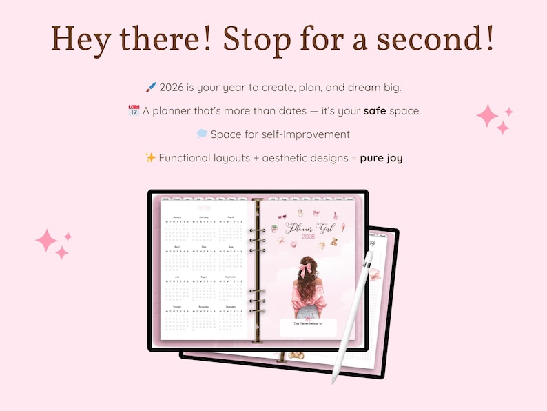 Pink Girly 2026 Digital Planner, Soft Cute Daily Hyperlinked Journal ...