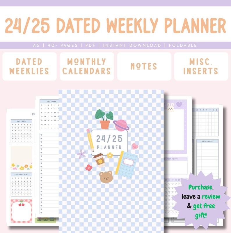 Kawaii A5 Printable Weekly Planner 2024 2025 | Cute Pastel Simple PDF ...