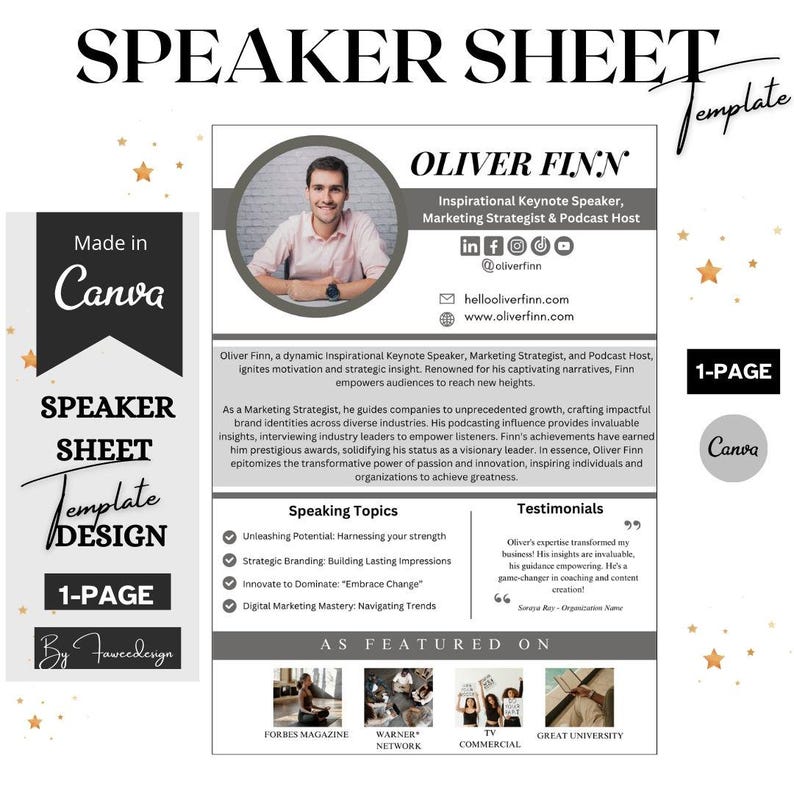 Speaker Sheet Template Professional One-sheet Webinar Speaker Profile ...