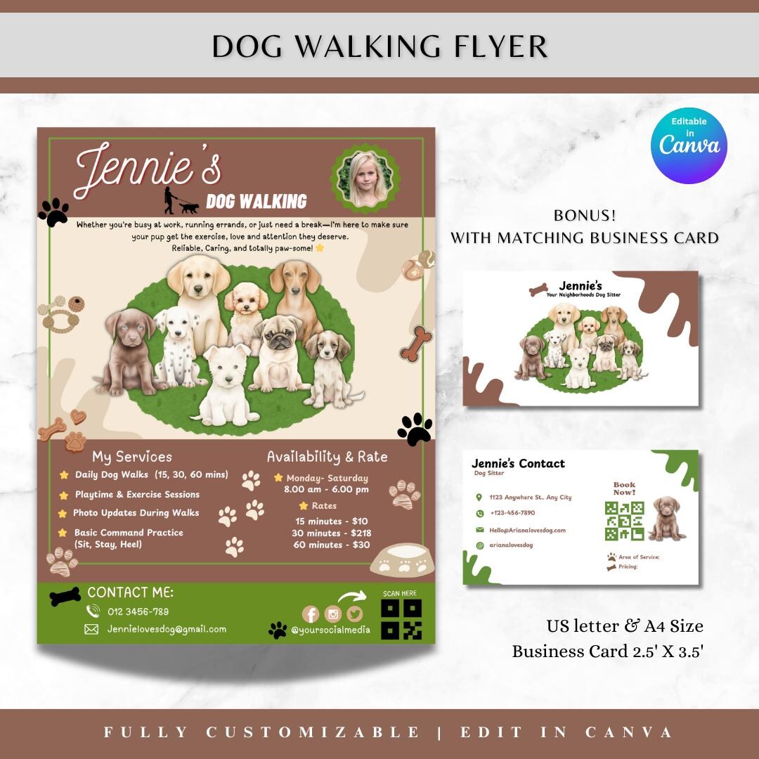 Dog Walking Flyer Template Dog Business Dog Walker Pet Business Card ...