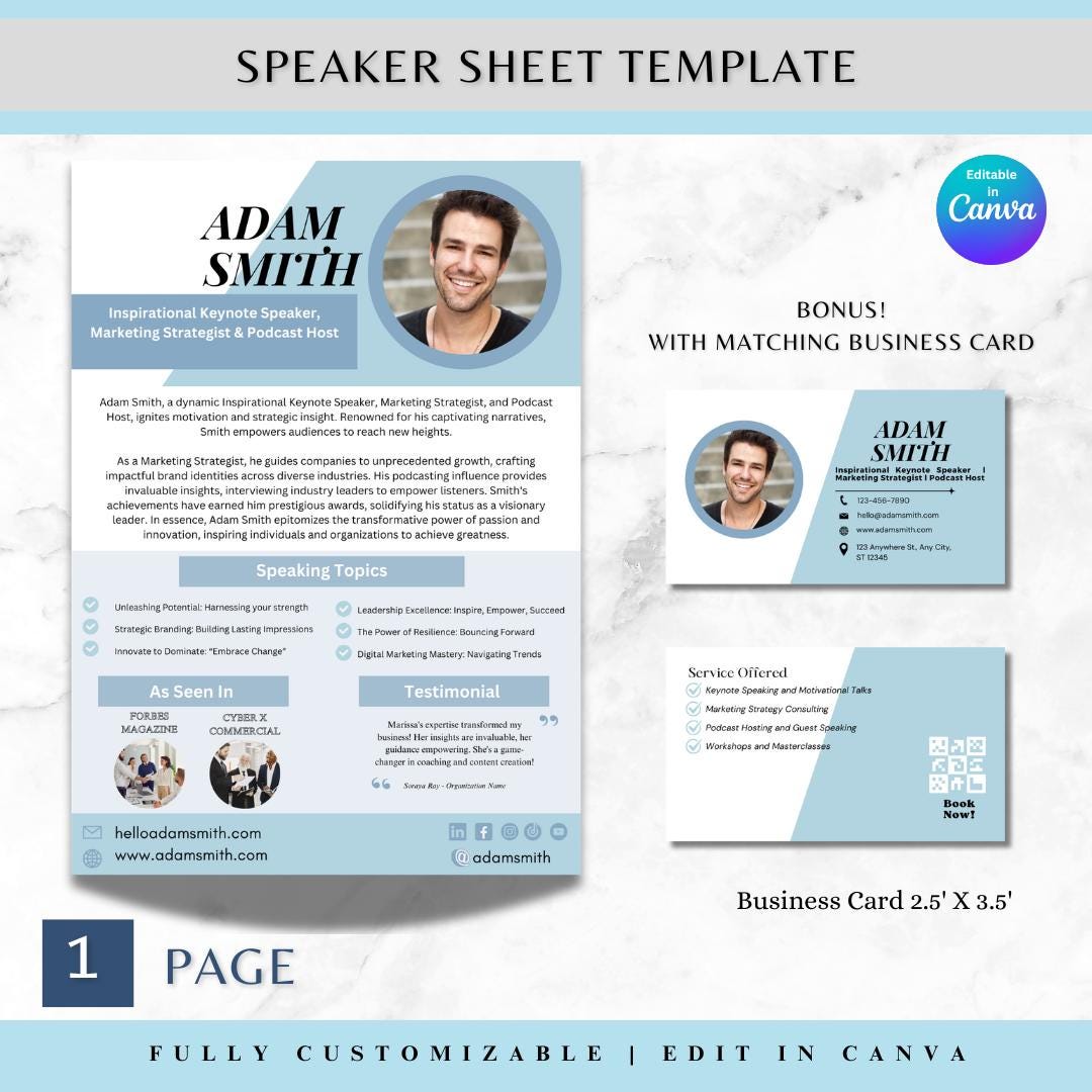 Printable Speaker Sheet Template Editable Keynote Speaker One Sheet ...