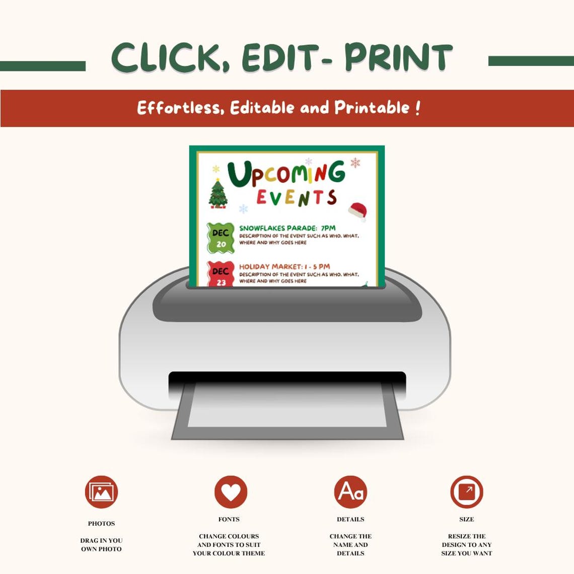 Editable Christmas Upcoming Event December Calendar Events Christmas ...