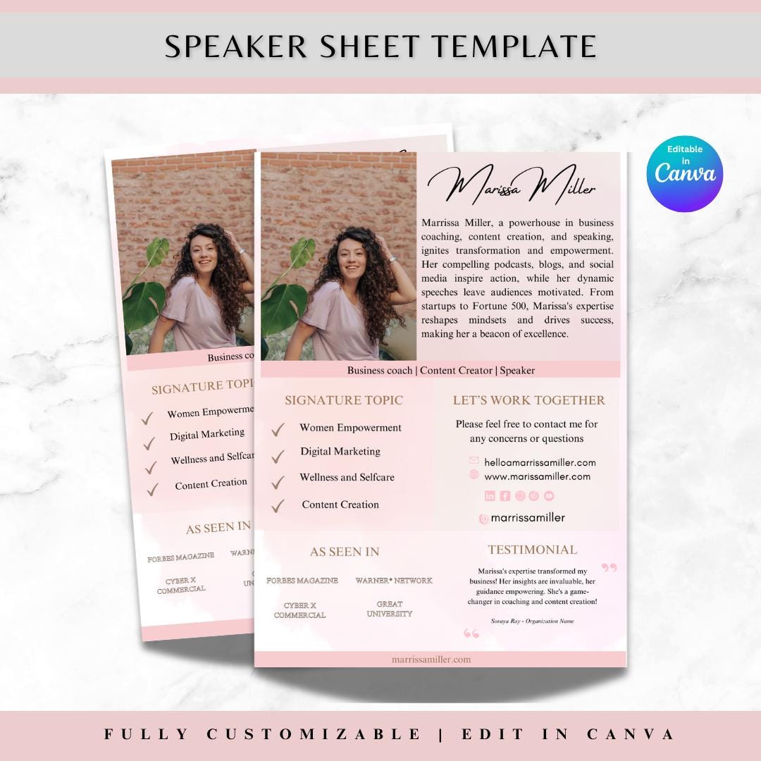 Printable Speaker Sheet Template Editable Keynote Speaker One Sheet Conference Speaker Template ...