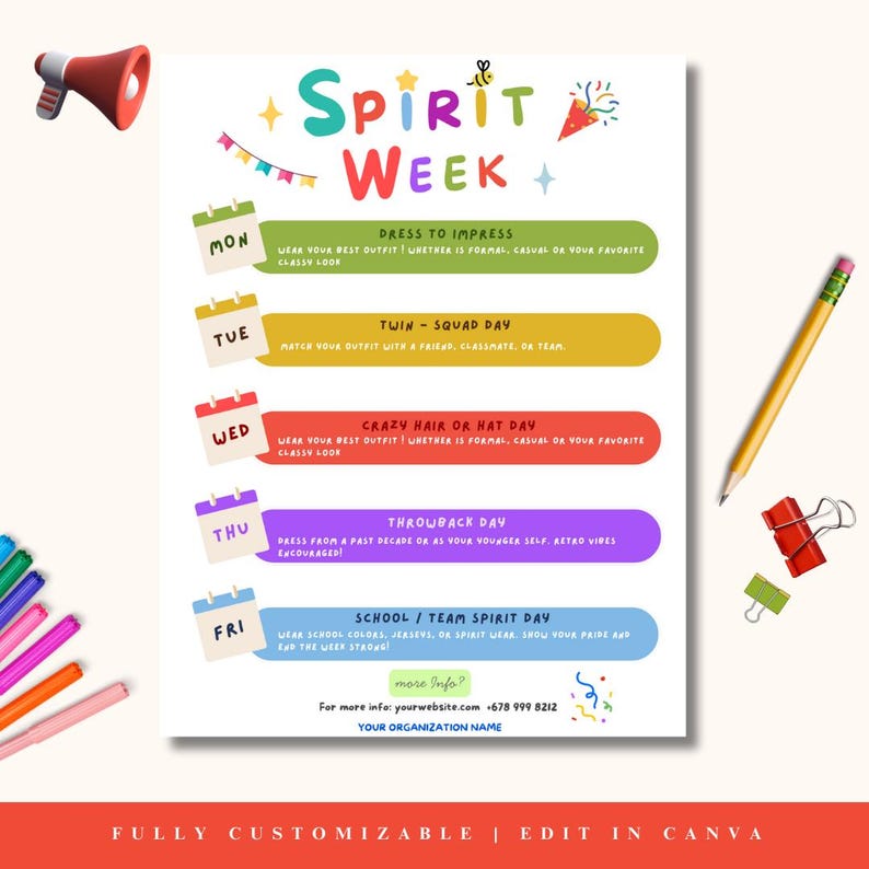 Editable Spirit Week Template School Newsletter Weekly Calendar School ...