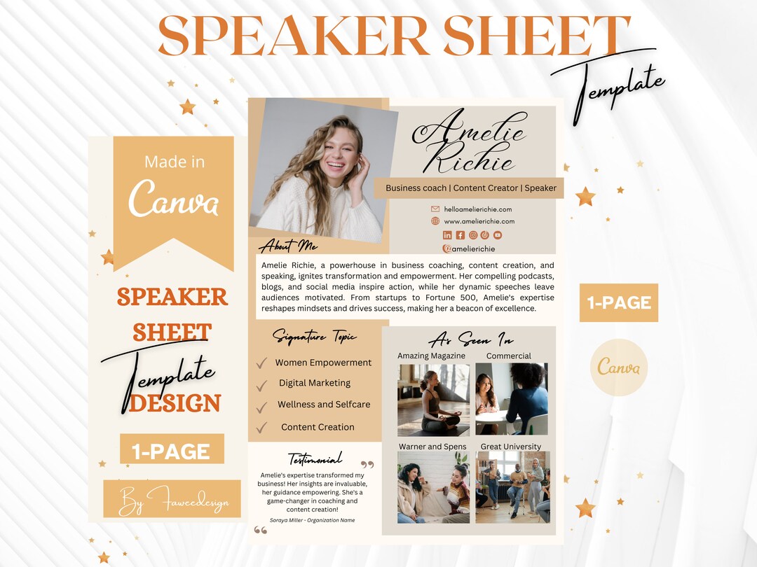 Printable Speaker Sheet Template Editable Keynote Speaker One Sheet ...