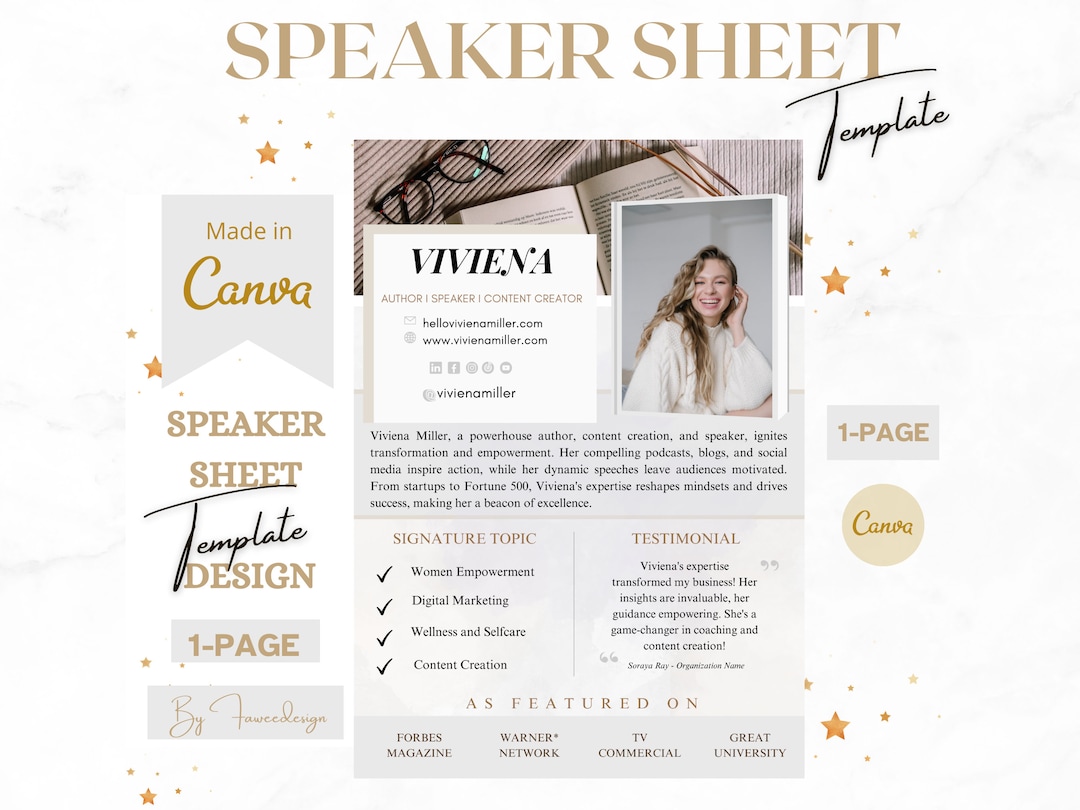 Printable Speaker Sheet Template Editable Keynote Speaker One Sheet Conference Speaker Template ...