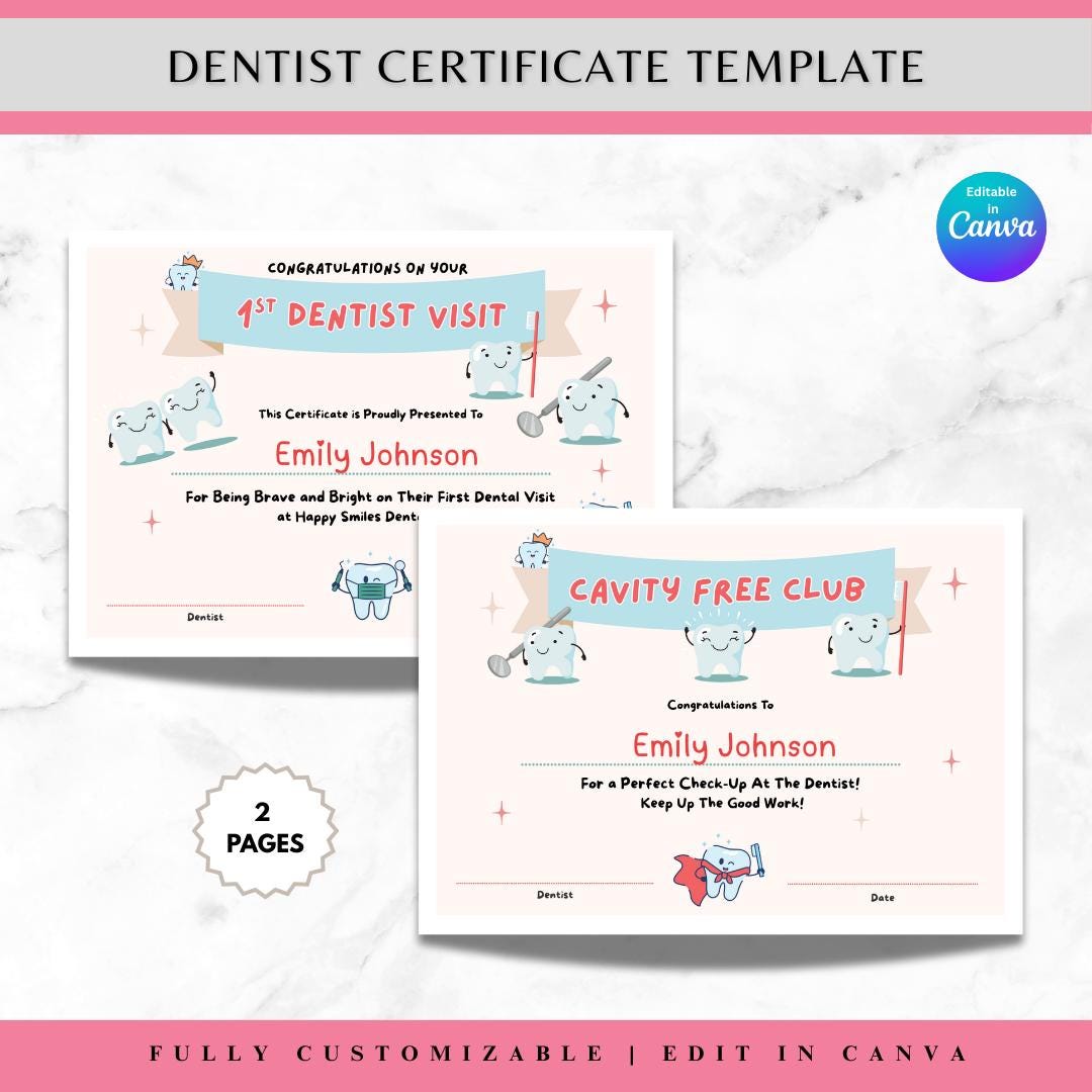 First Dental Visit Certificate | Cavity Free Certificate Template ...