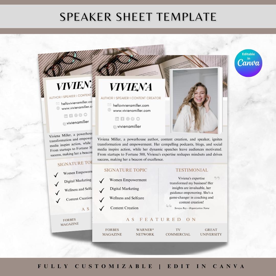 Printable Speaker Sheet Template Editable Keynote Speaker One Sheet Conference Speaker Template ...