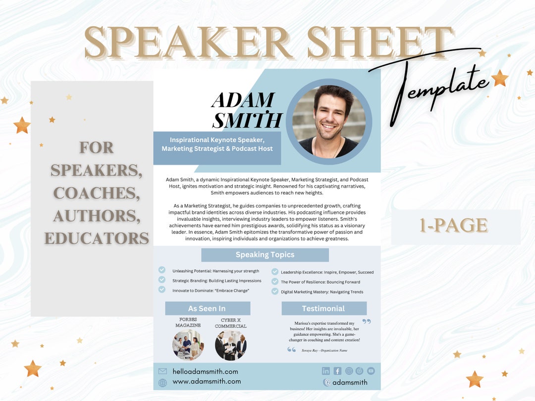 Printable Speaker Sheet Template Editable Keynote Speaker One Sheet ...