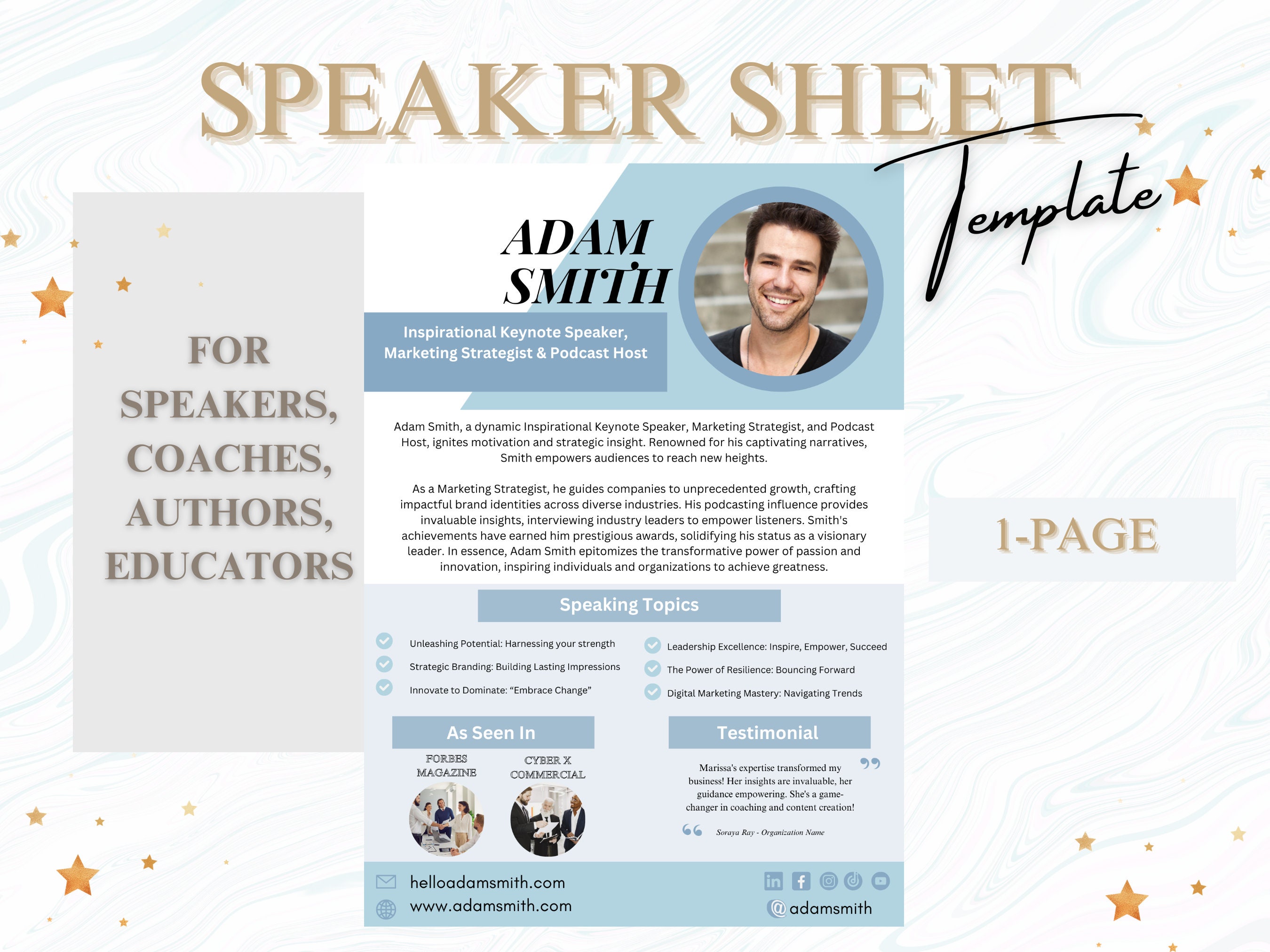 Printable Speaker Sheet Template Editable Keynote Speaker One Sheet Conference Speaker Press Kit ...