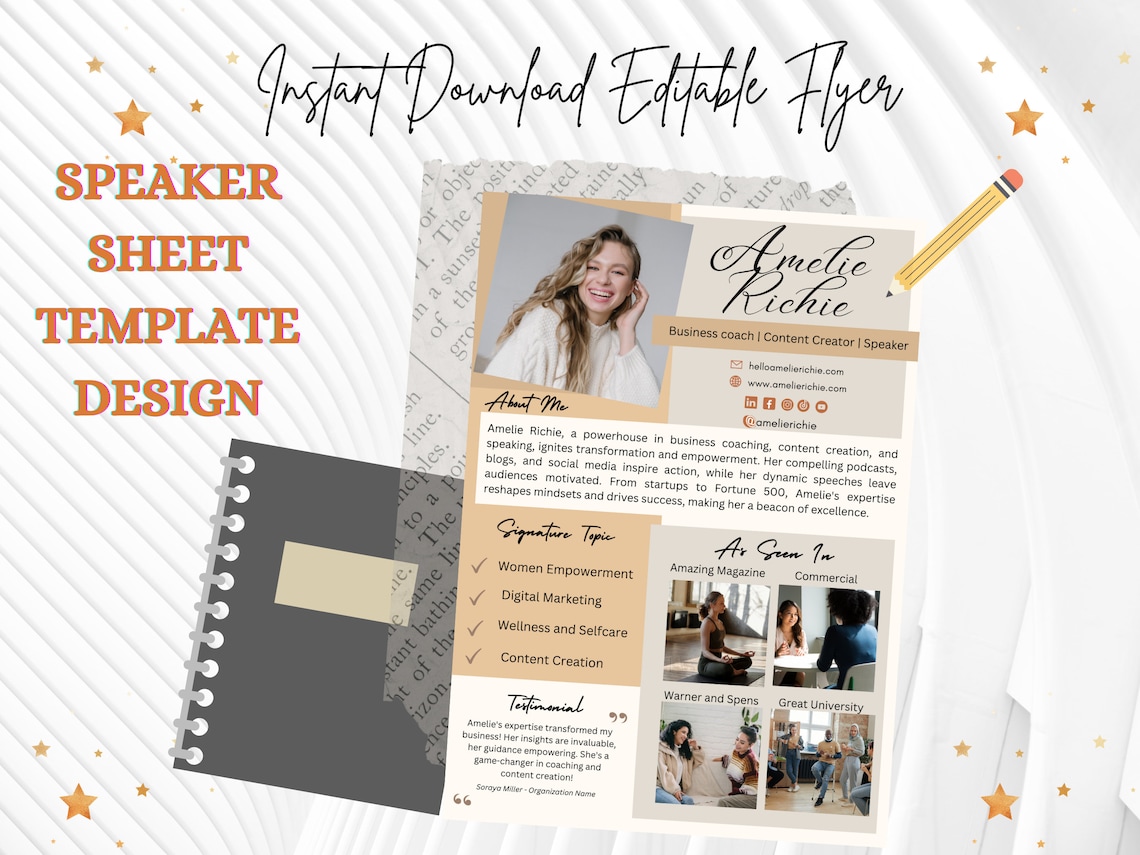 Printable Speaker Sheet Template Editable Keynote Speaker One Sheet Conference Speaker Template ...