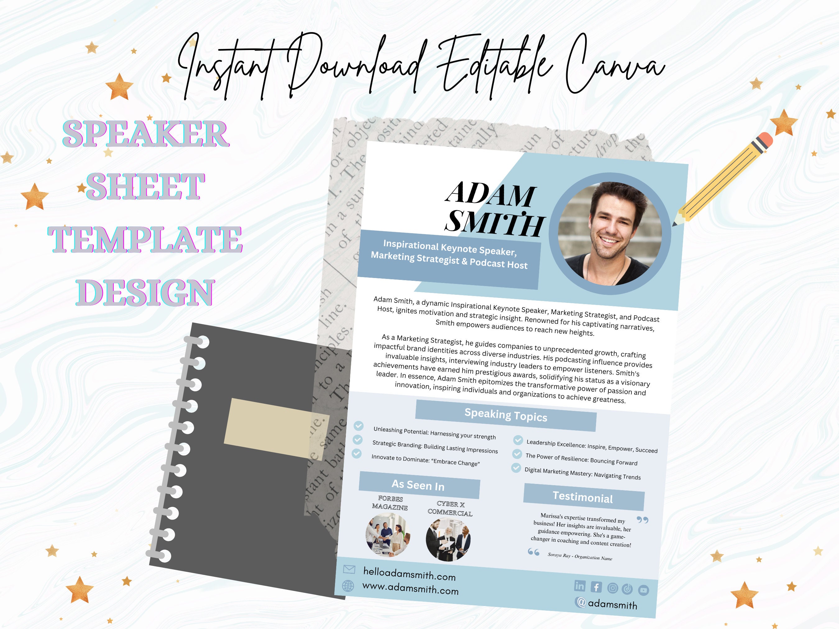 Printable Speaker Sheet Template Editable Keynote Speaker One Sheet Conference Speaker Press Kit ...