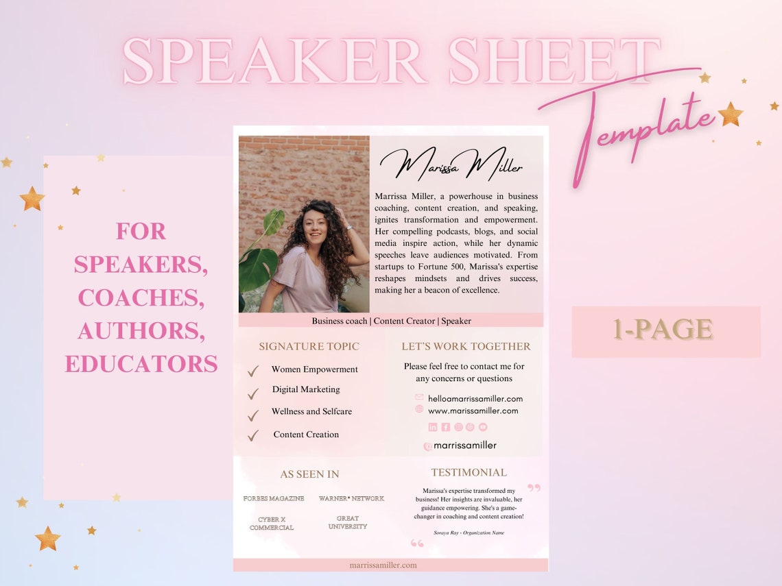 Printable Speaker Sheet Template Editable Keynote Speaker One Sheet ...