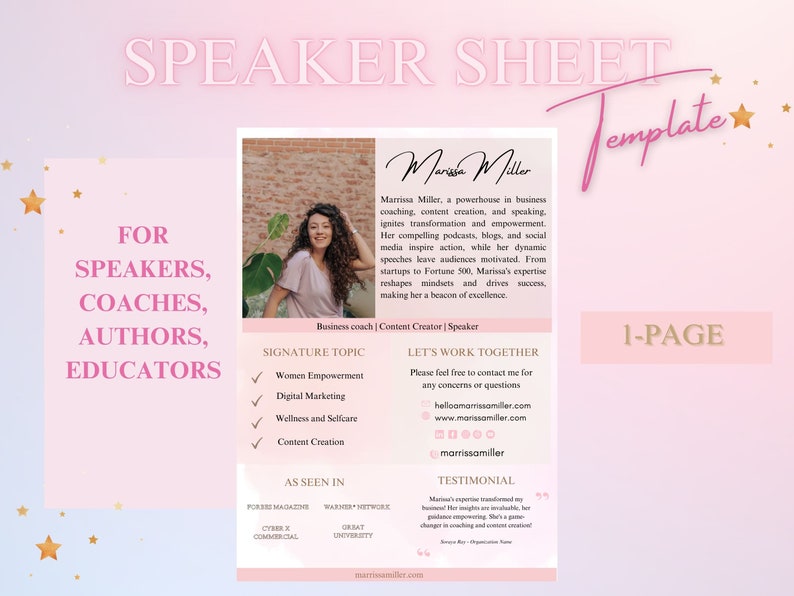 Printable Speaker Sheet Template Editable Keynote Speaker One Sheet Conference Speaker Template ...