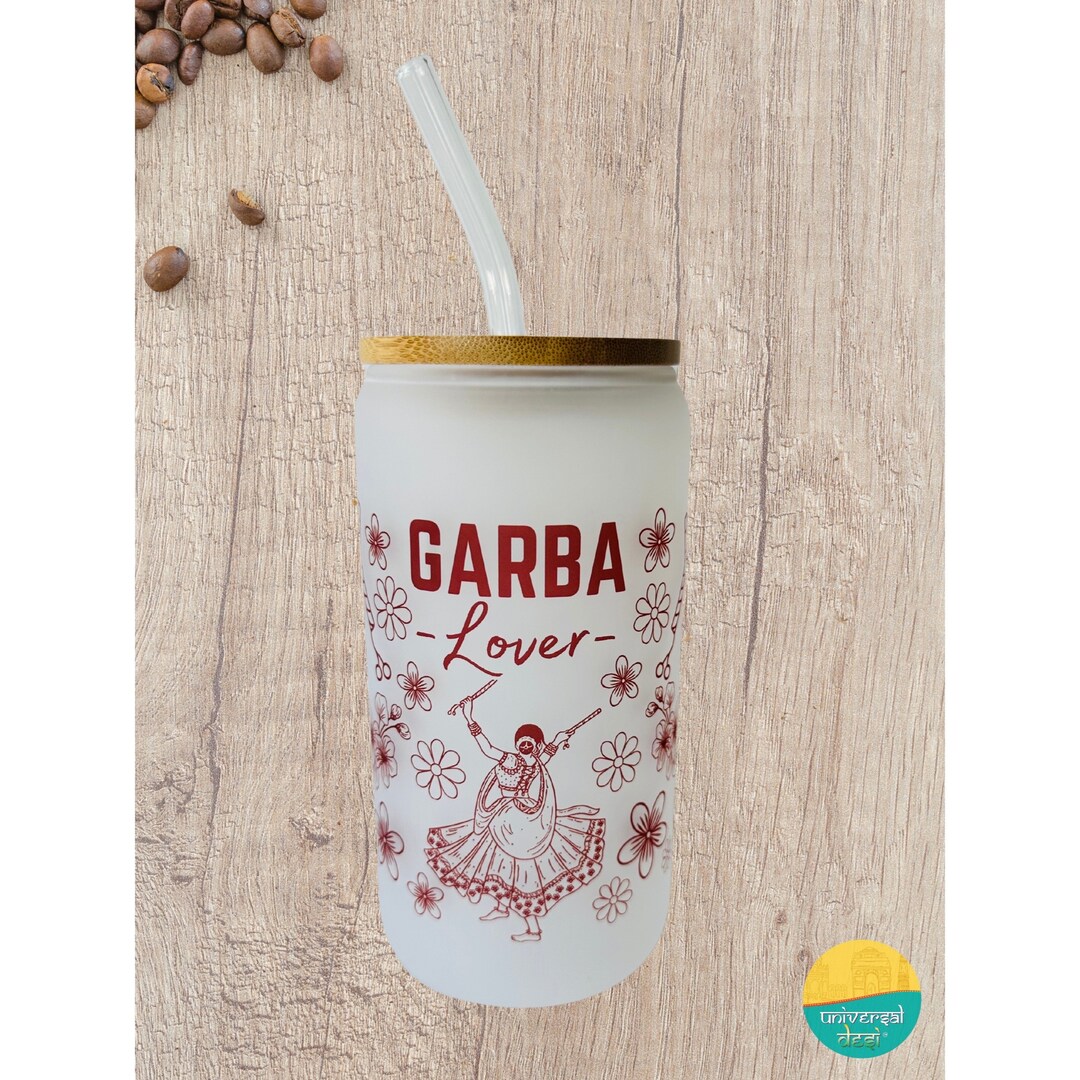 Garba Glass Can Tumbler 16oz | Floral Indian Dance Cup With Bamboo Lid ...