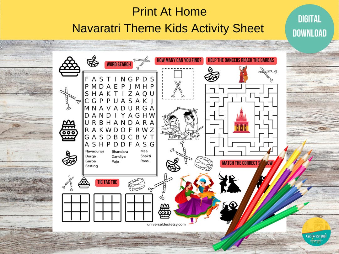 Navaratri Theme Kids Activity Sheet Printable on 8.5x11 Paper, Instant ...