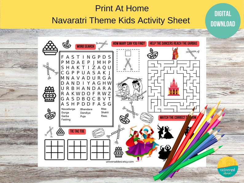 Navaratri Theme Kids Activity Sheet Printable on 8.5x11 Paper, Instant ...
