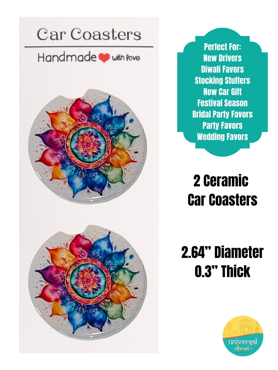 Diwali Rangoli Ceramic Car Coasters: India Inspired Ceramic Coasters ...