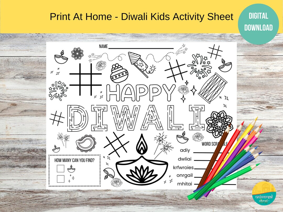 Happy Diwali Kids Activity Sheet Printable on 8.5"x11" Paper, Instant ...