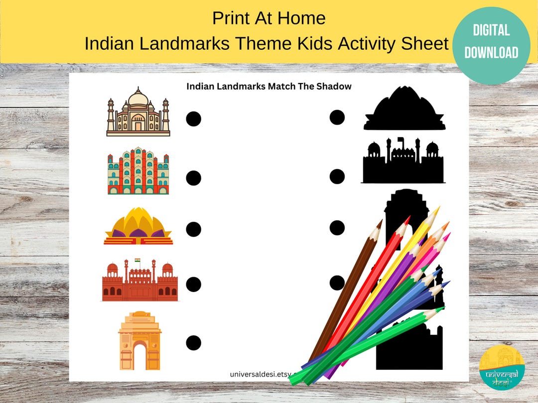 Indian Landmarks Activity Sheet: Match the Shadow Game (digital ...