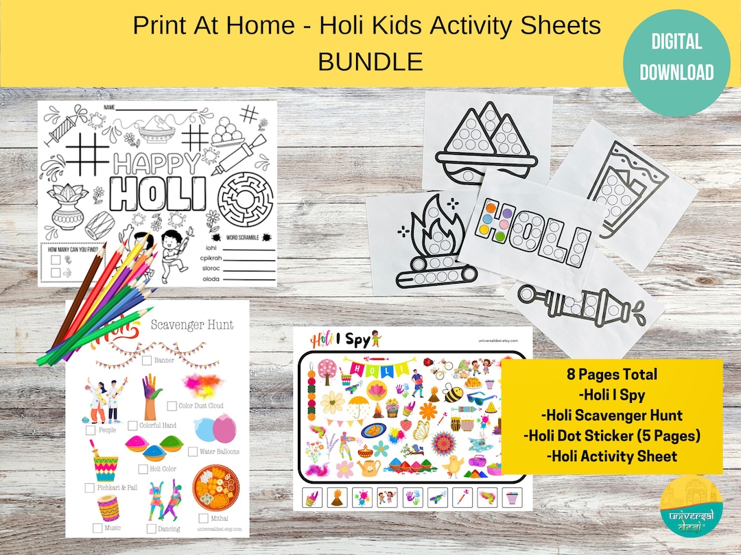 BUNDLE Set Printable | Holi Kids Activity Sheets Printable on 8.5"x11 ...