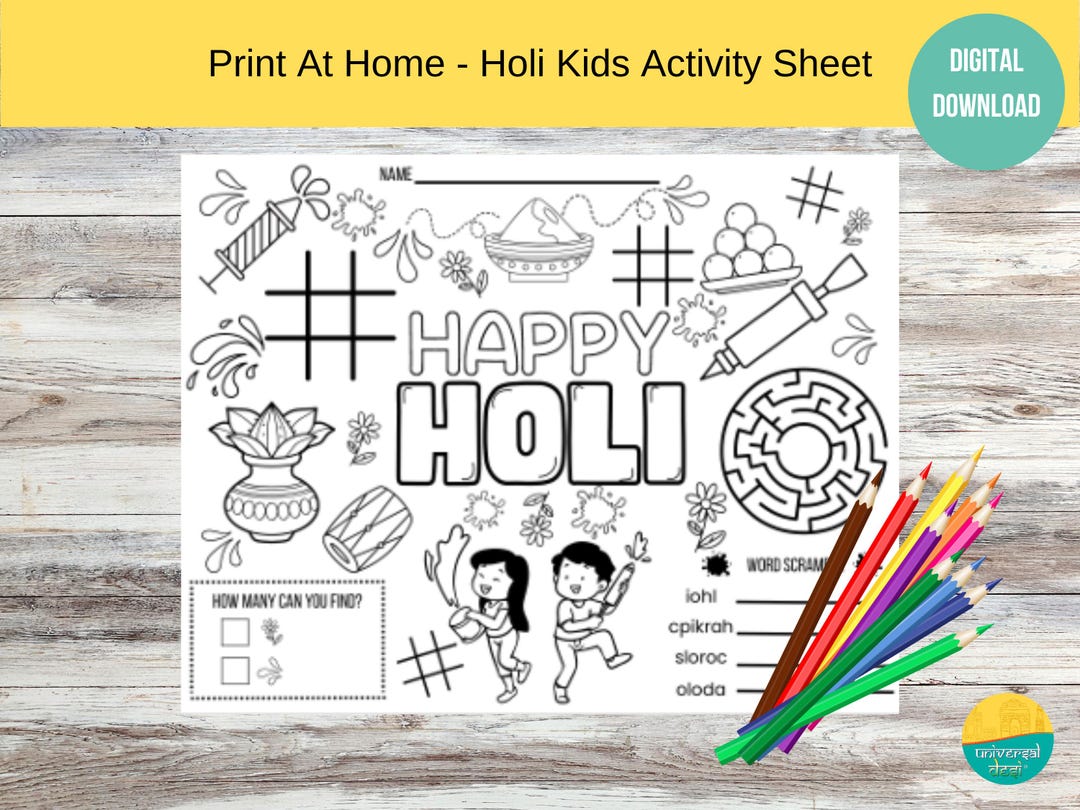 Happy Holi Kids Activity Sheet: Printable Coloring Page (digital ...