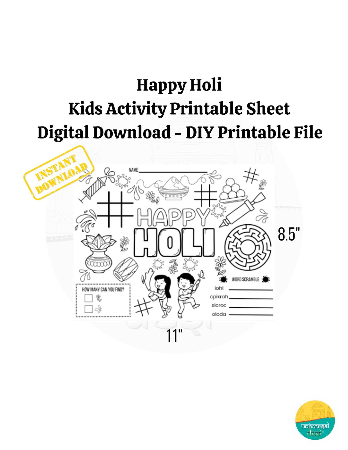Happy Holi Kids Activity Sheet: Printable Coloring Page (digital ...