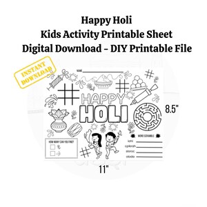 Happy Holi Kids Activity Sheet: Printable Coloring Page (digital ...