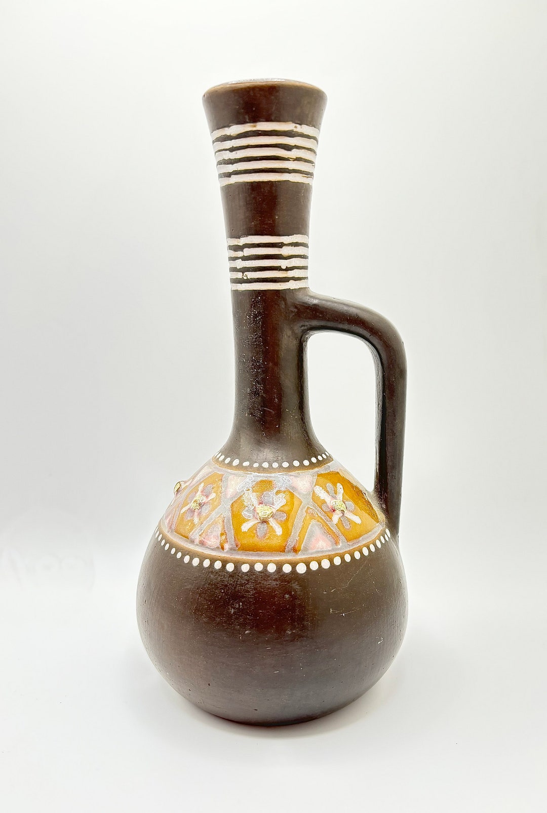 Vintage Hand Painted Folk Art Pottery Pitcher, Decorative Ceramic Jug ...